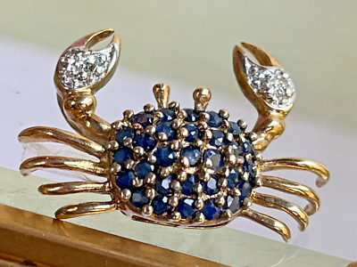 Vintage Vermeil 14kt over Sterling Gold Sapphire Diamond Crab Pin ...
