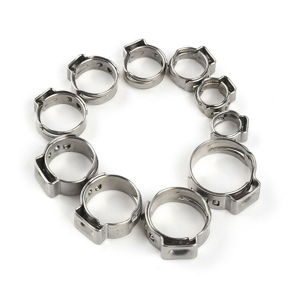 100pcs Assorted Hose Clamps Stainless Steel Ear Cinch Rings Crimp Pinch ...