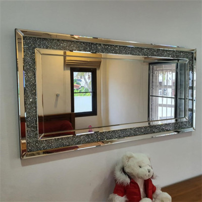 Large Crystal Crush Diamond Rectangle Silver Mirror Wall Hang Frameless ...