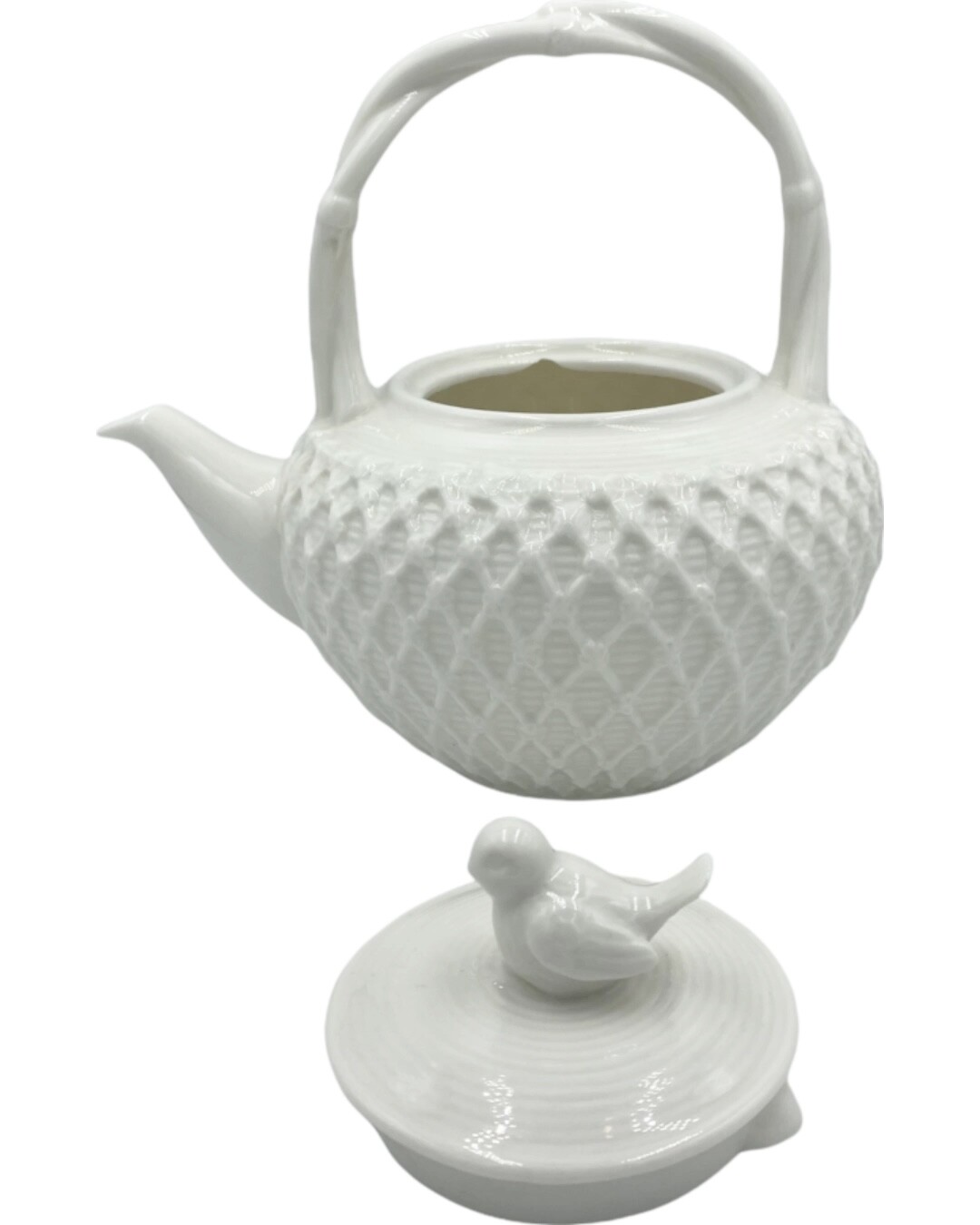 Grace Teaware Porcelain Teapot White Bird w/Handle & Lattice Design ...