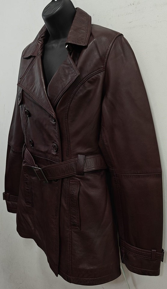 Ladies Cherry Napa Classic Trench Mid Length Designer Leather Jacket ...