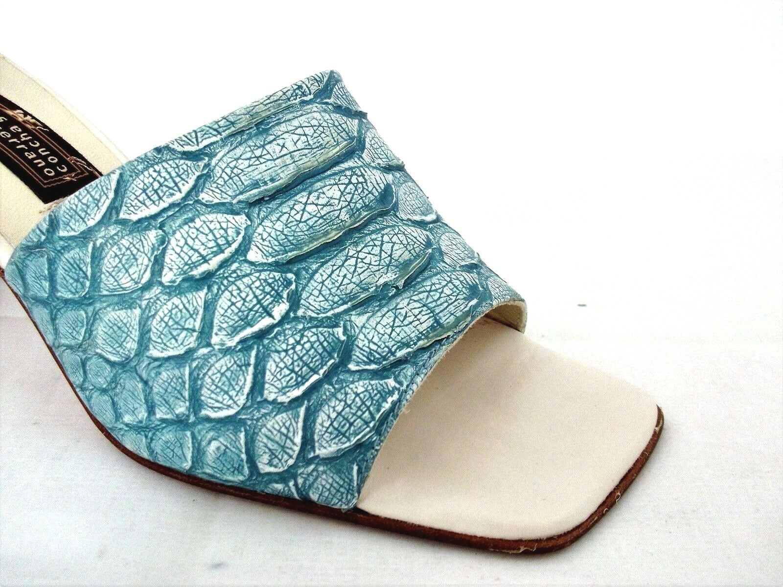 CONCHA SERRANO BLUE SNAKESKIN PRINT LEATHER MULES LADIES WOMENS SANDALS ...