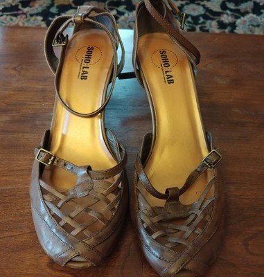 Soho Lab By Skechers Brown Taupe Woven Leather Heels 9 EUC Boho | eBay