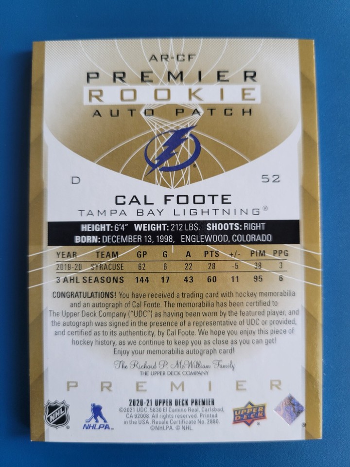Cal Foote 2020-21 UD PREMIER ROOKIE RC PATCH AUTO #D 46/65 TAMPA BAY ...
