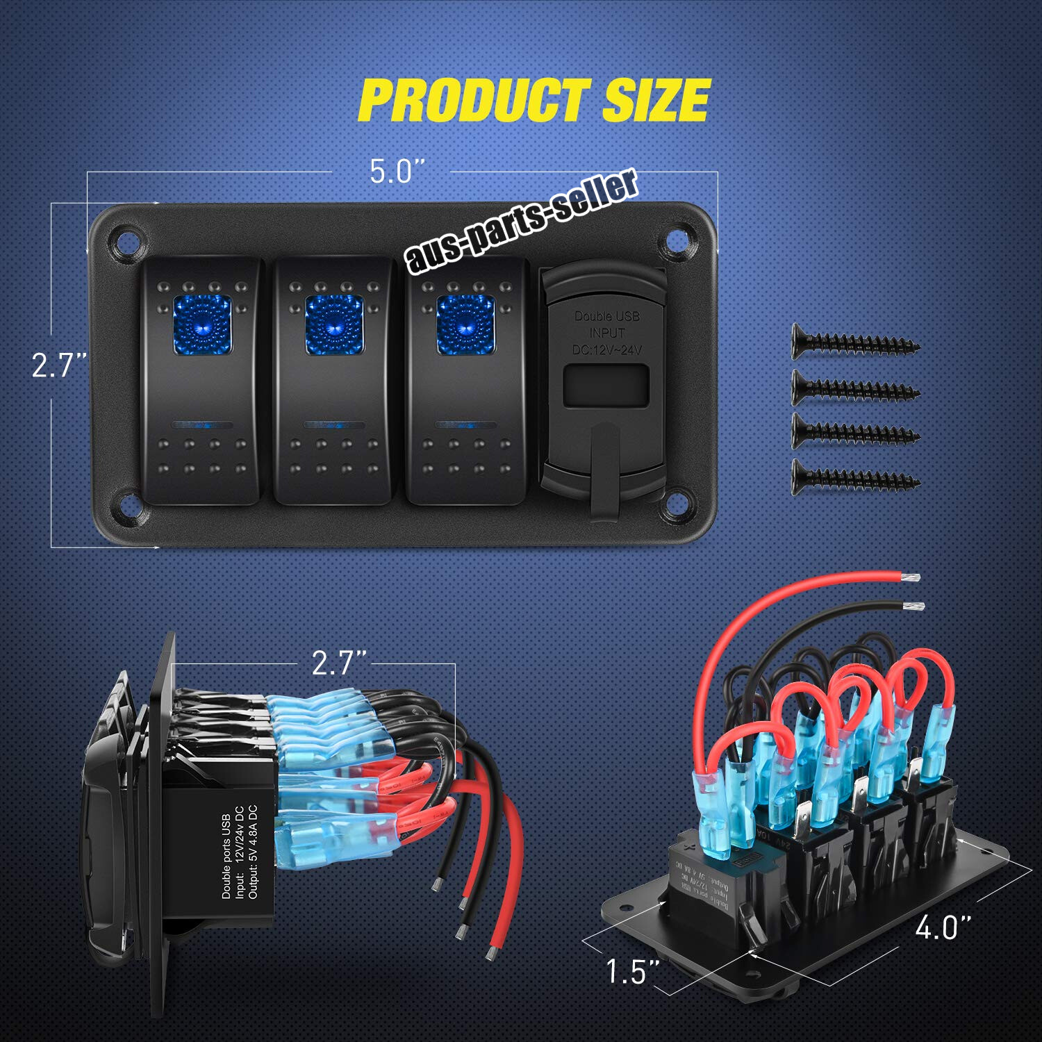 3 Gang Toggle Rocker Switch Panel USB Car Boat Marine RV Truck Blue LED ...