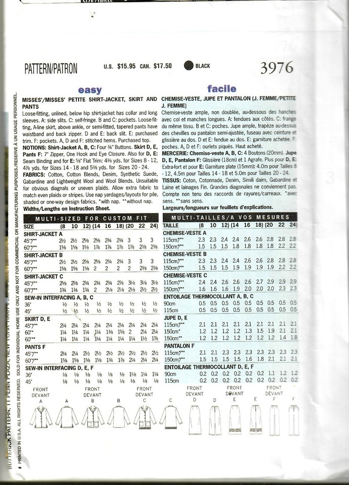 Butterick 3976 Sewing Pattern Shirt Jacket Pants Skirt Size 14-18 Uncut ...