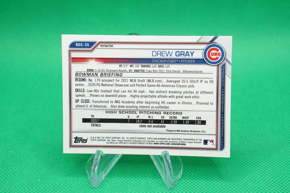 2021 Bowman Draft Base Chrome Refractor #BDC-35 Drew Gray Chicago Cubs ...