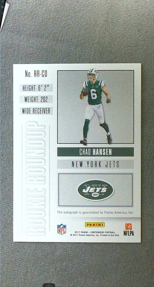 2017 Panini Contenders Rookie Roundup Auto #RR-CD Chad Hansen Jets #'d ...