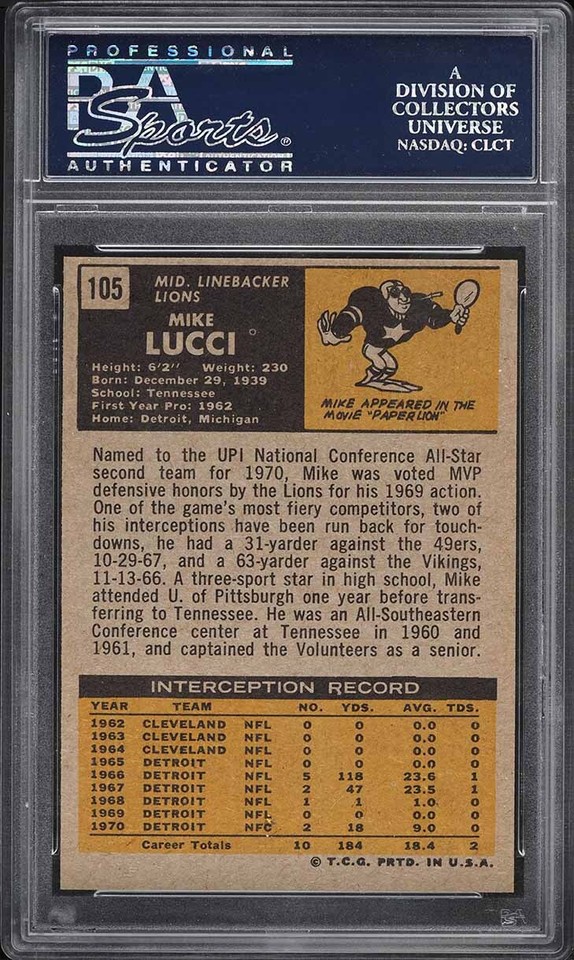 1971 Topps FB Card #105 Mike Lucci Detroit Lions PSA 8 NM-MT | eBay