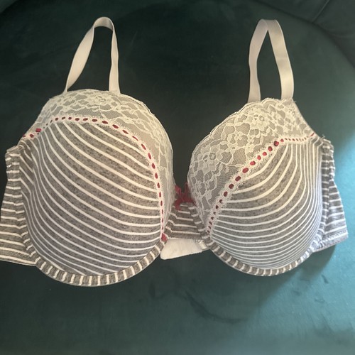 Vintage Body Embrace Gray White Stripes Red Ribbon Trim Underwire Bra ...