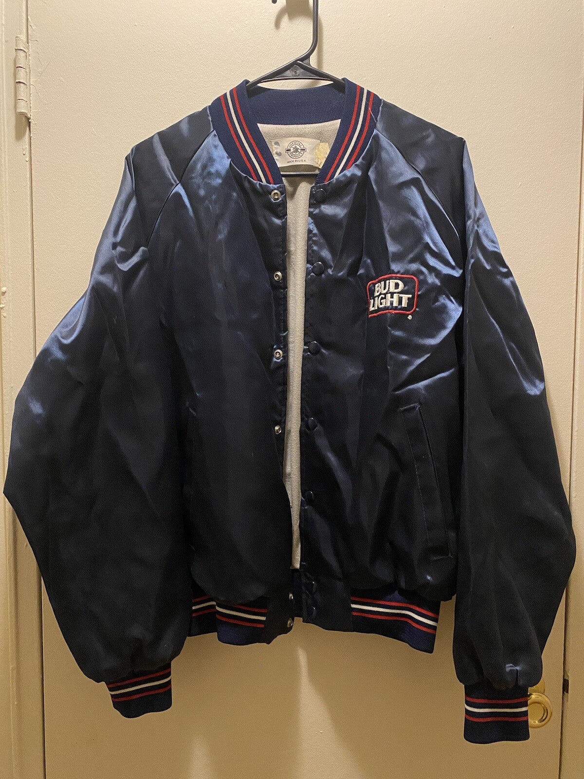 Vintage Bud Light Blue Satin Bomber Jacket Size Large - Gem