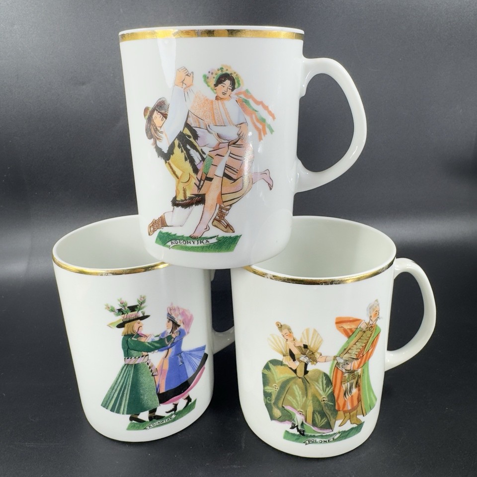 Vintage Farolina Traditional Polish Dancing Coffee Cups Mugs Set 3 Made ...