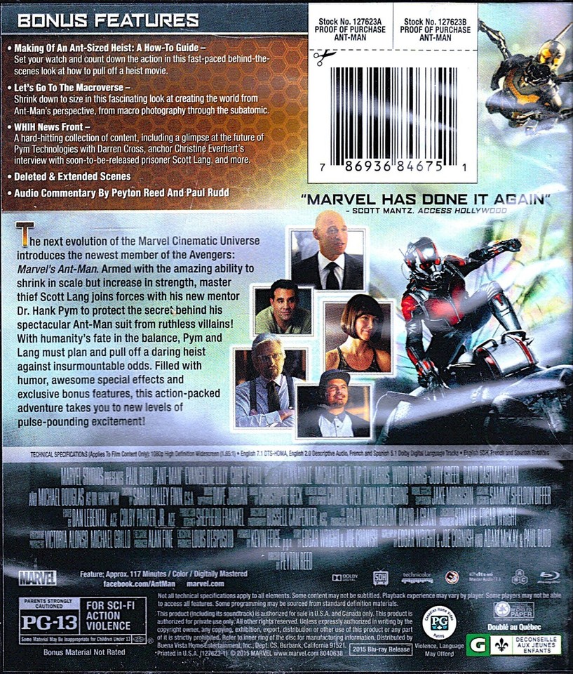 ANT-MAN- Blu-ray & Artwork only- Paul Rudd, Michael Douglas NO CASE EXC ...