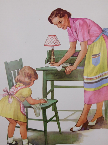 Children Little Girl Helping Mom Clean Vintage Sunday School Story ...