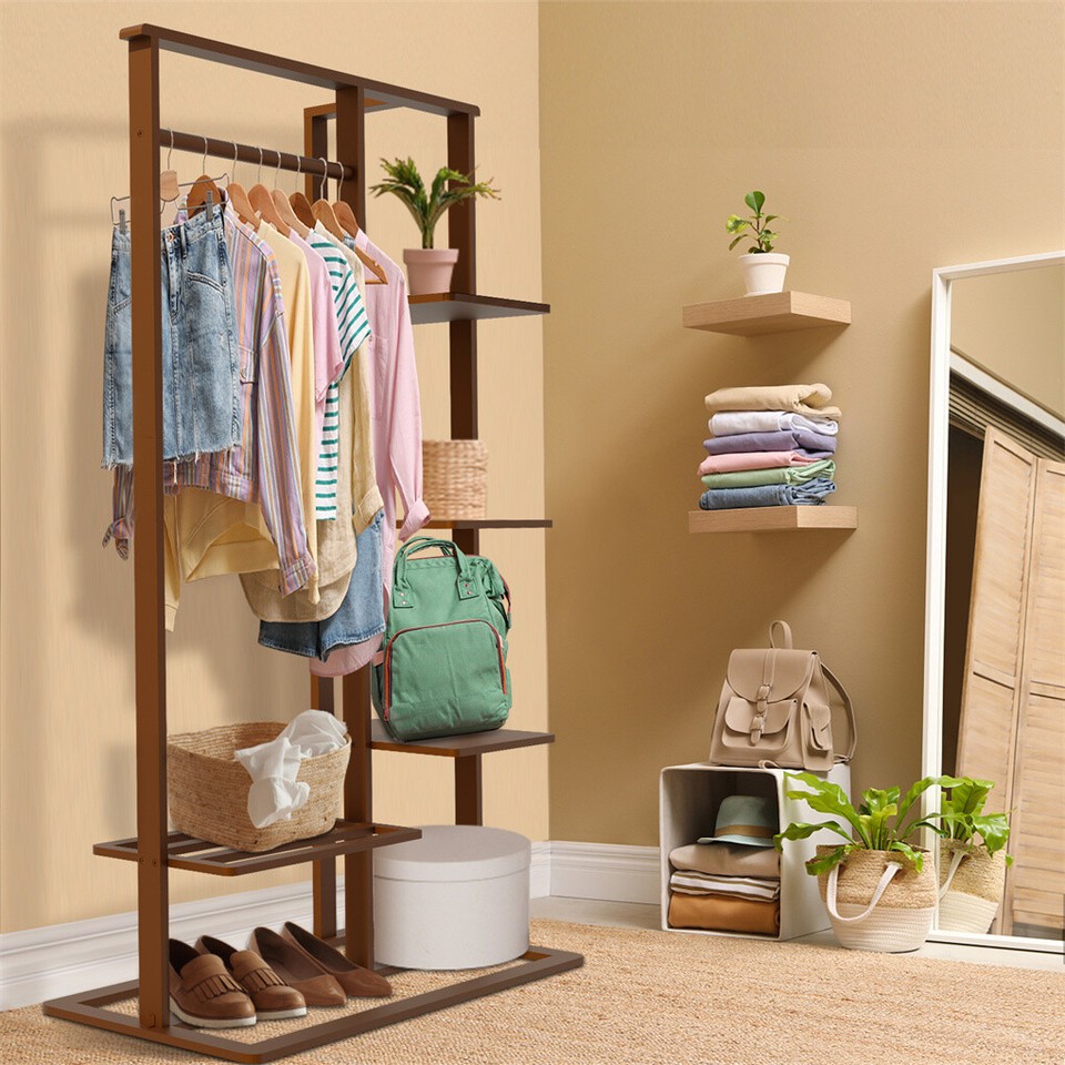 6Tier Vintage Wood Clothes Stand w Top Rod Hanging Shelf Wardrobe ...