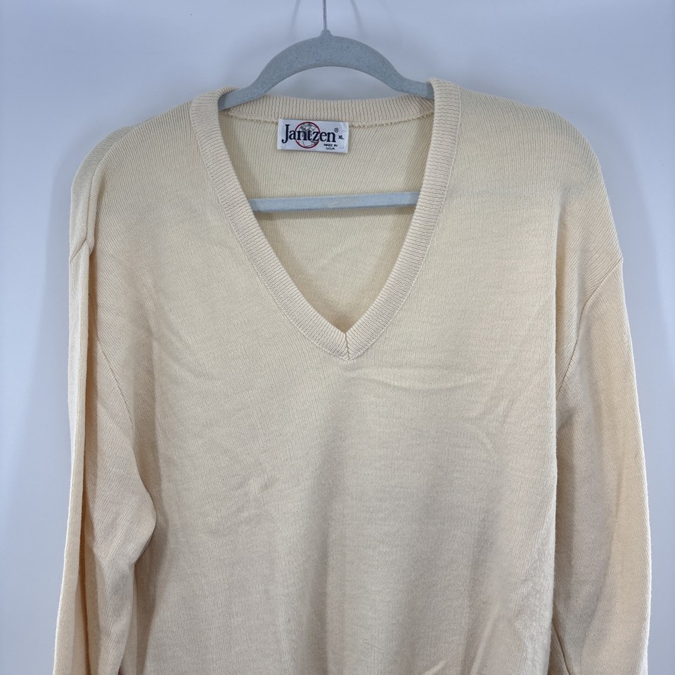 Vintage Jantzen Men Sweater XL Cream Long Sleeve Cotton Cashmere Blend ...