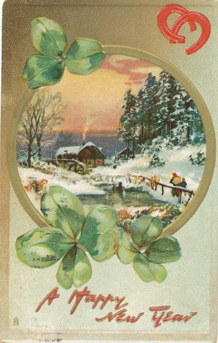 HAPPY NEW YEAR - Postcard 1908 - WINTER LANDSCAPE - FOUR LEAF CLOVER ...