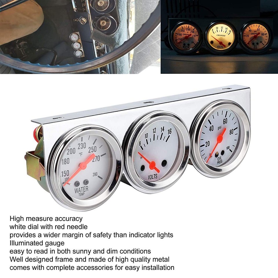 2'' 52mm Chrome Volt Water Oil Pressure Triple 3 Gauge Set Gauges Kit ...