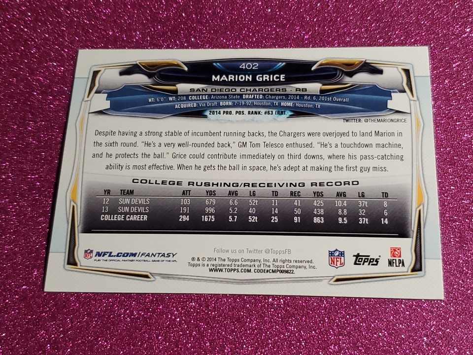 2014 Topps Marion Grice Rookie Card #402 San Diego Chargers Football ...