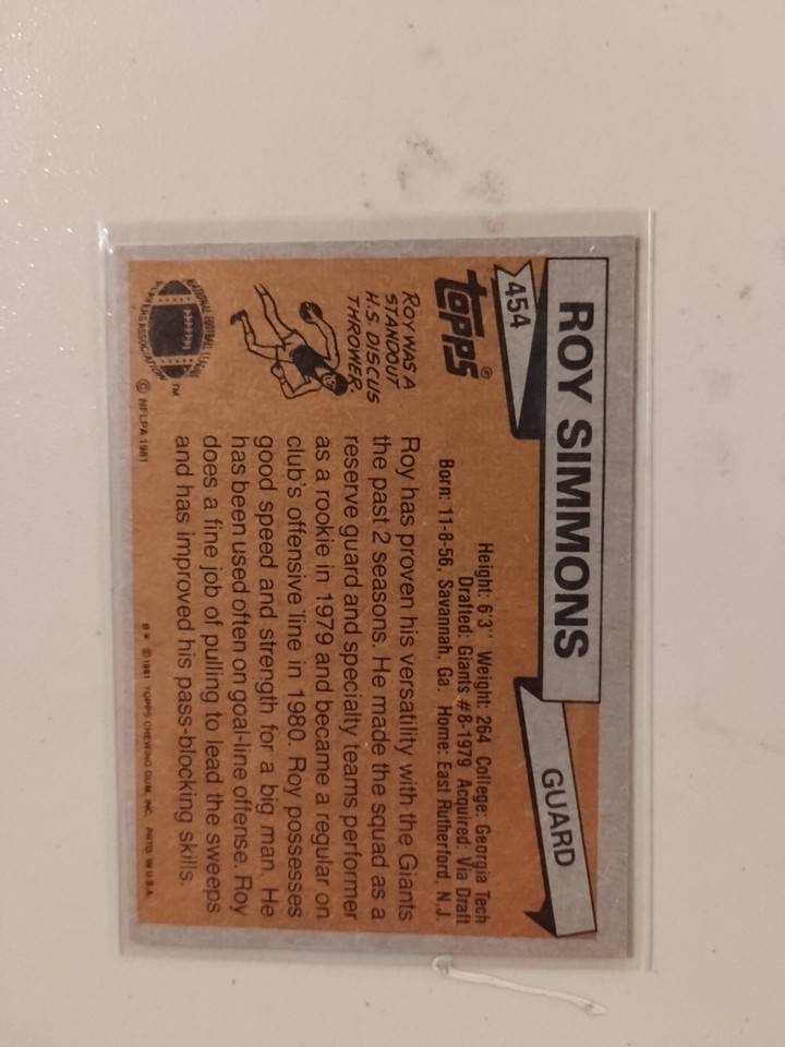 1981 Roy Simmons Giants Topps Card 454 Free Shipping | eBay