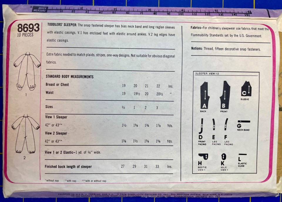 Simplicity 8693 Vintage Pattern Uncut Snap Sleeper Pajama Footed ...