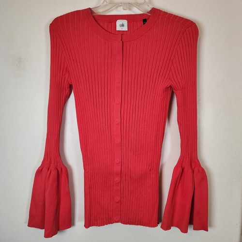 Cabi Style 5285 Cardigan Sweater Red Trumpet Sleeve Ribbed Snap Button ...