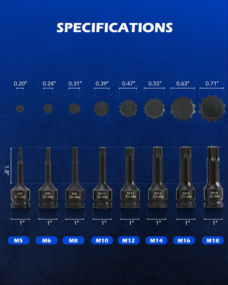 OMT 8pcs Impact XZN Triple Square Spline Bit Socket Set 1/2 In Drive ...