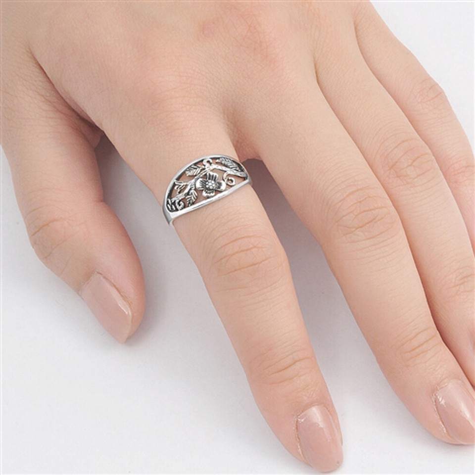 Antiqued Floral Flower Tree Leaf Ring New .925 Sterling Silver Band ...