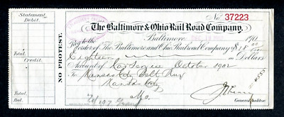 1902 Frameable RR Payment Check BALTIMORE & OHIO RAILROAD- Kansas City ...