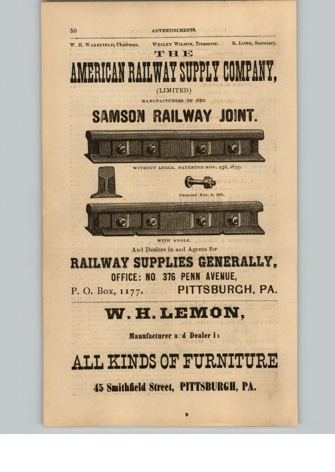 1876 PAPER AD American Railway Supply Company WH Lemon Furniture ...