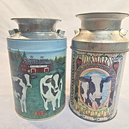 Milk Tins Vintage Silver Tree Farm and Dairy Delite with Cows Set of 2 ...