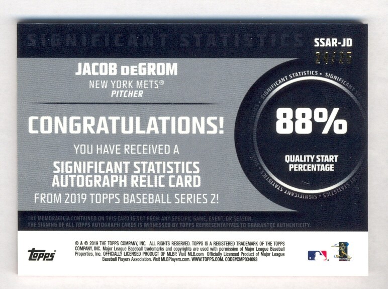 JACOB DEGROM 2019 TOPPS SIGNIFICANT STATISTICS AUTO AUTOGRAPH PATCH #24 ...