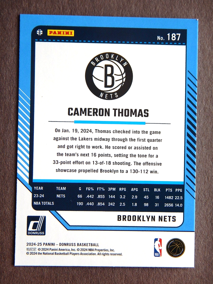 Cameron Thomas #187 Donruss 2024-25 Basketball Card (Brooklyn Nets ...