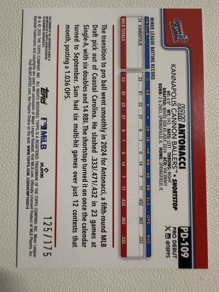 2025 Topps Pro Debut Sam Antonacci Auto Sparkle Foil 125/175 #PD-109 | eBay