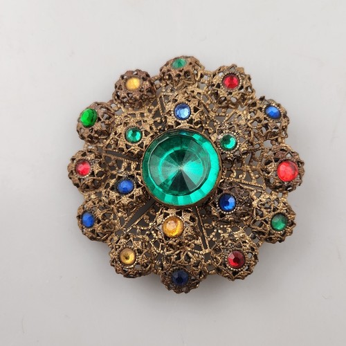 Vtg West Germany Brooch Green Cabochon Glass Stone Gold Gilt Brass ...