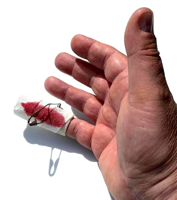 JUMBO PIN THRU FINGER Bloody Bandage Safety Through Funny Gag Prank ...