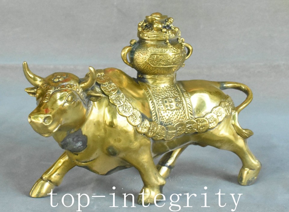 9'' Old China Dynasty Bronze Fengshui Money Coin Yuanbao Cattle Ox Bull ...