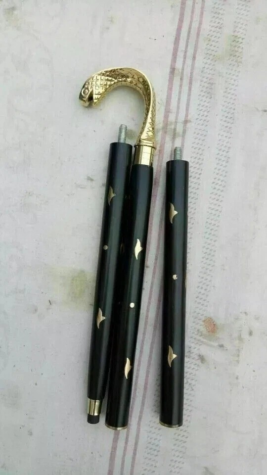 Vintage Brass Snake Head Handle Victorian Round Wooden Walking Stick ...