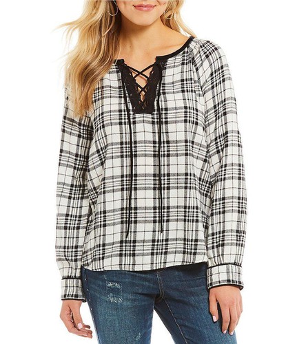 William Rast Black/White Meg Plaid Velvet Trim Lace-Up Tunic Top - $69. ...