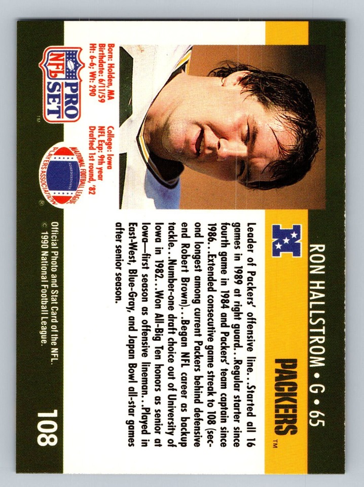 1990 Pro Set #108 Ron Hallstrom RC Rookie Green Bay Packers | eBay