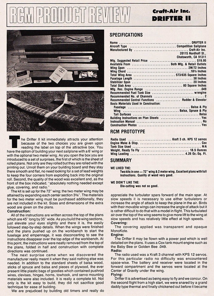 Craft Air Model Airplane Plans (RC): Drifter II 72" Wingspan (or 2M ...