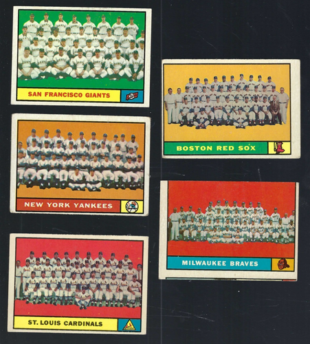 1961 TOPPS BASEBALL TEAM CARD LOT X 5 INC YANKEES, GIANTS,RED SOX ...
