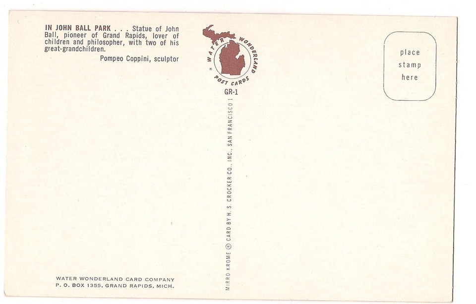 STATUE of JOHN BALL PARK Pompeo Coppini, Art MICHIGAN MI POSTCARD Grand ...