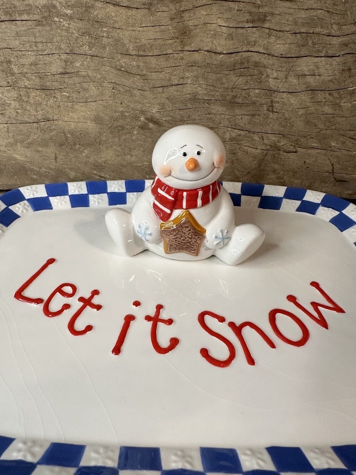 Let It Snow Platter Snowman blue and white checkered. Ceramic Christmas ...