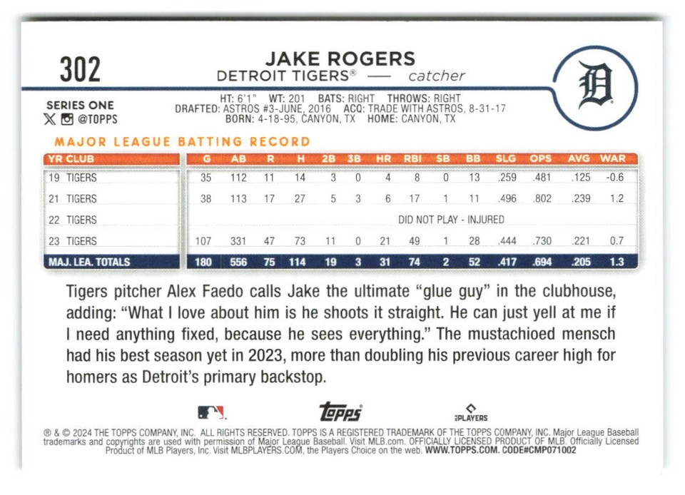 2024 Topps Jake Rogers #302 Detroit Tigers BASEBALL Card | eBay