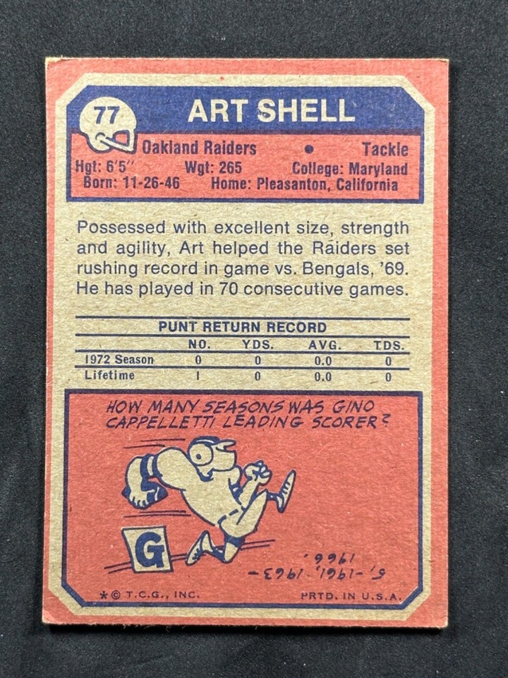 1973 Topps ART SHELL ROOKIE #77 OAKLAN RAIDERS HOF LEGEND! | eBay