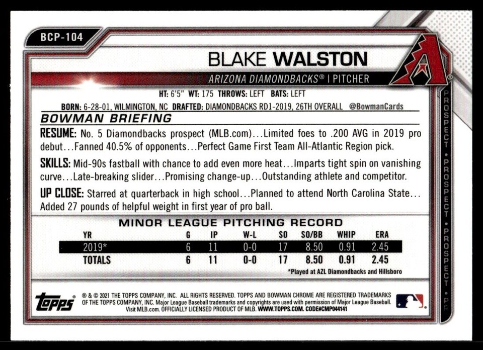 2021 Bowman Chrome Prospects Blake Walston G564 Arizona Diamondbacks # ...