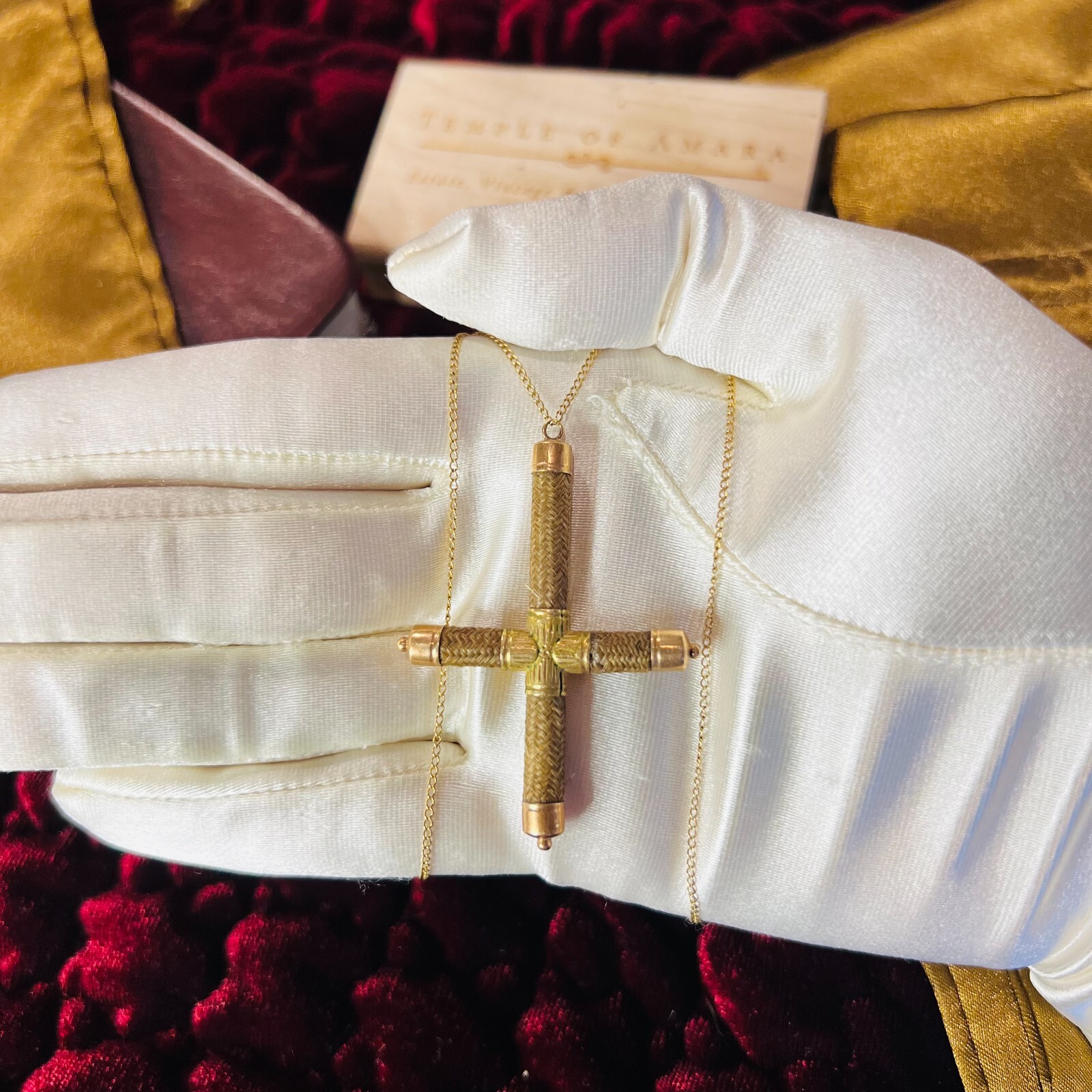 Antique Georgian Era 14k Gold Woven Hair Cross Neckla… - Gem