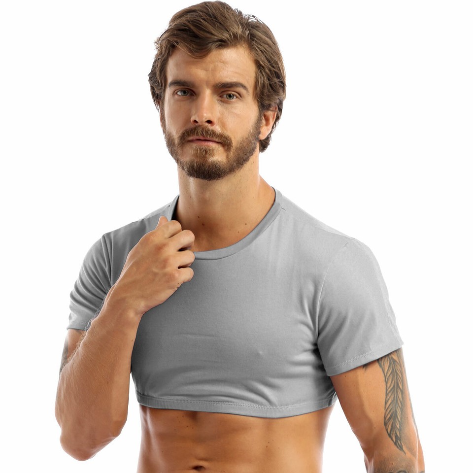 Men Crop Tops Short Sleeve T-Shirt Basic Casual Fitted Top Pullover ...