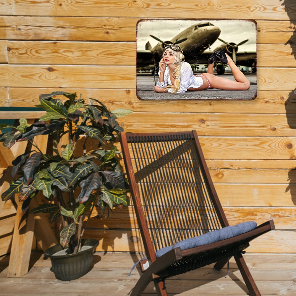 Vintage Metal Plate Military Aircraft Girl Rectangular Iron Painting ...